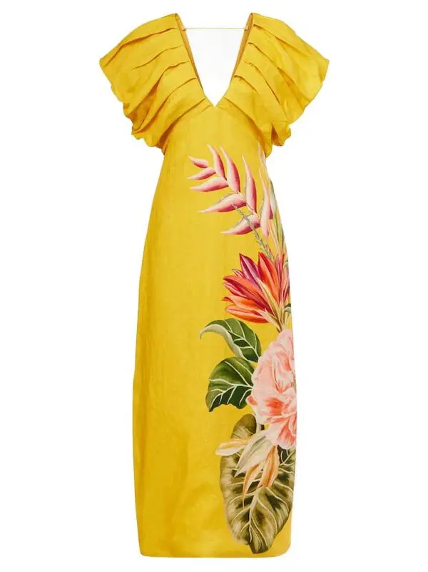 Farm Rio Spring Awakening Floral Linen Midi Dress - Yellow