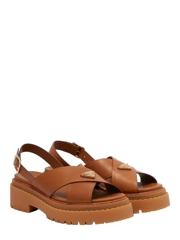 Prada Logo Leather Sandals - Brown