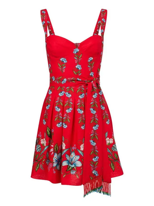 Farm Rio Sweet Bloom Bouquet Linen-blend Minidress - Red