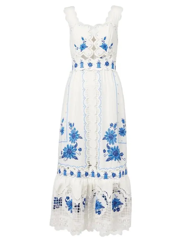 Farm Rio Embroidered Linen-blend Midi Dress - White