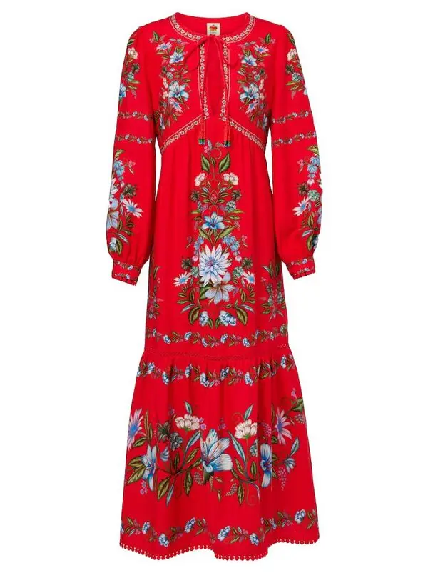 Farm Rio Floral Linen-blend Midi Dress - Red