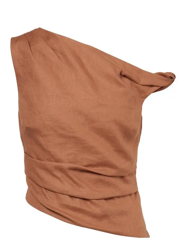 SIR. Asymmetric Draped Linen Top - Brown
