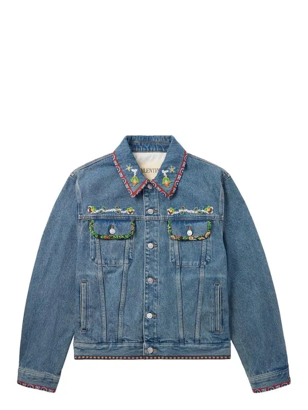 Valentino Garavani Floral-trimmed Denim Trucker Jacket - Blue