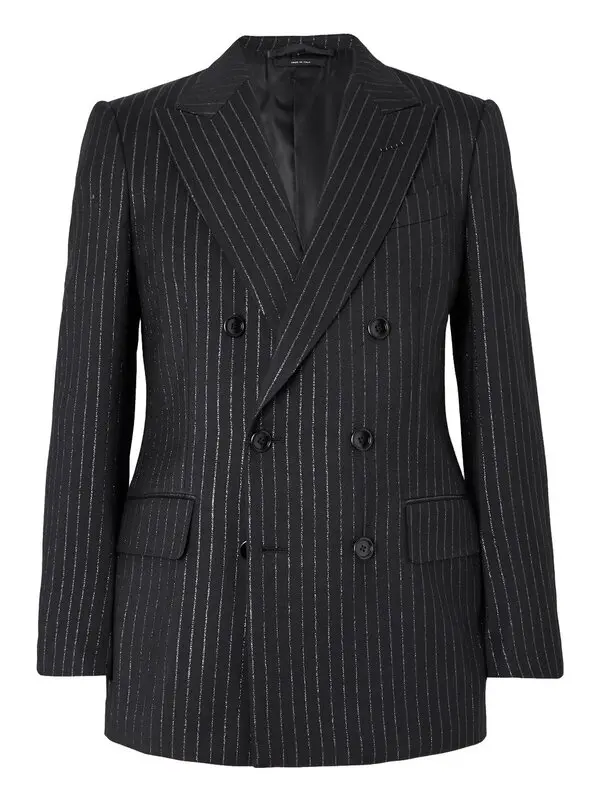 TOM FORD Dyllan Double-breasted Striped Metallic Wool And Silk-blend Suit Jacket - Black