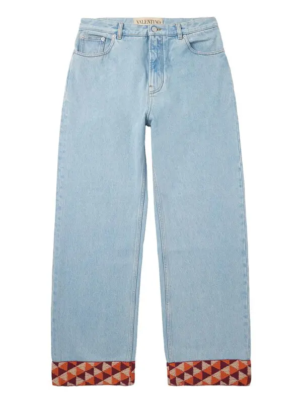 Valentino Garavani Wide-leg Jacquard-trimmed Jeans - Blue