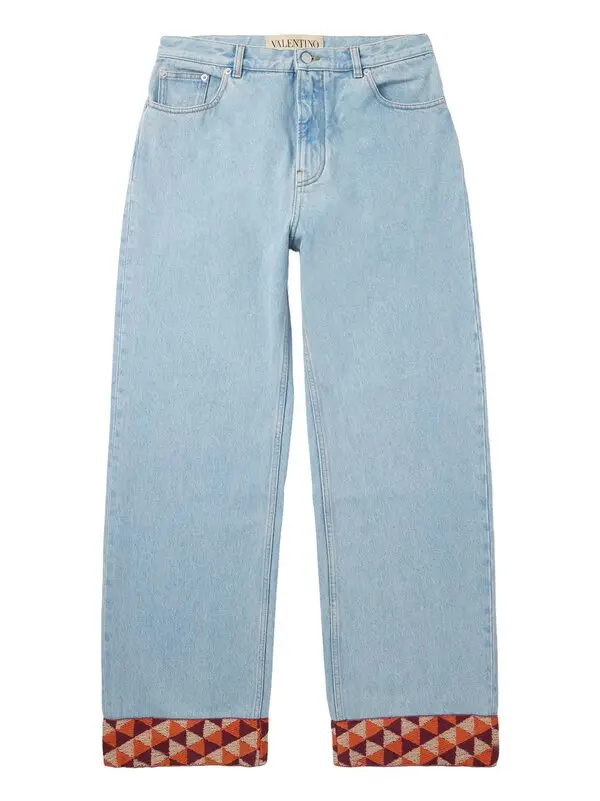 Valentino Garavani Wide-leg Jacquard-trimmed Jeans - Blue