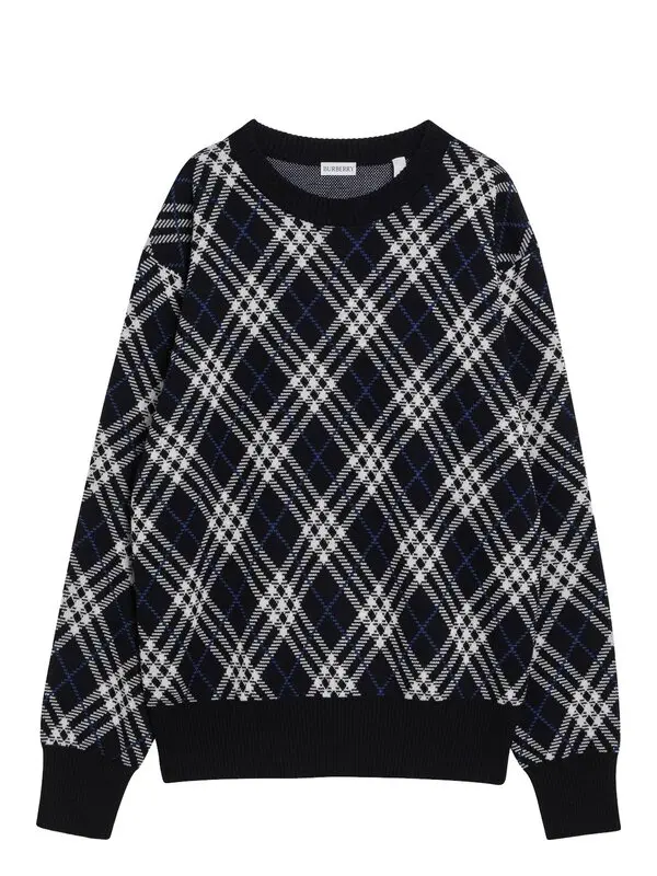 Burberry Check Pattern Wool Blend Sweater - Blue