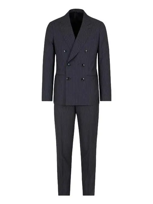 Giorgio Armani Napoli Line Double-breasted Pinstriped Suit In Virgin Wool - Blue