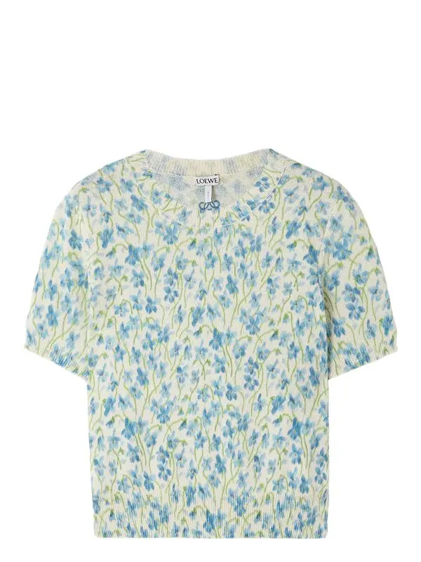 Loewe Embroidered Floral-print Cotton-blend T-shirt - Blue