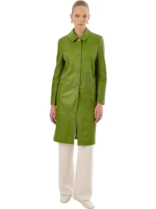 LAMARQUE Longline Leather Coat - Fern