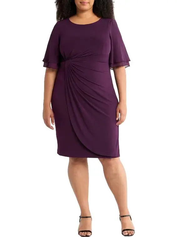 CONNECTED APPAREL Flutter Sleeve Faux Wrap Dress - Aubergine/ Gold