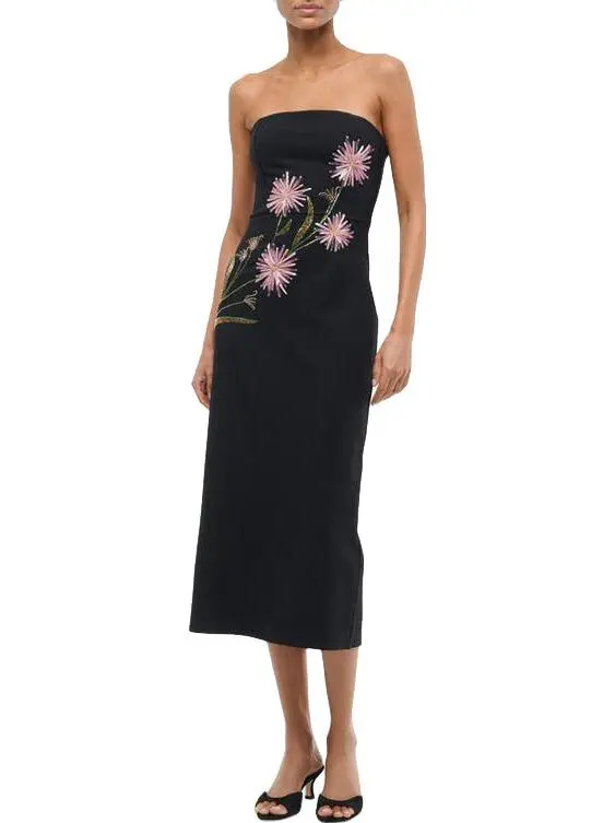 Staud Brooke Floral Beaded Strapless Cocktail Dress - Dahlia Daydream Black