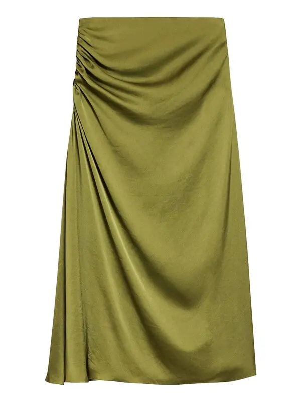Theory Satin Midi Skirt With Ruching - Avocado