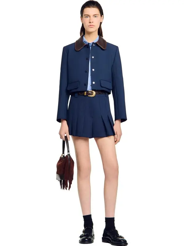 Sandro Cropped Jacket With Leather Collar - Navy Blue