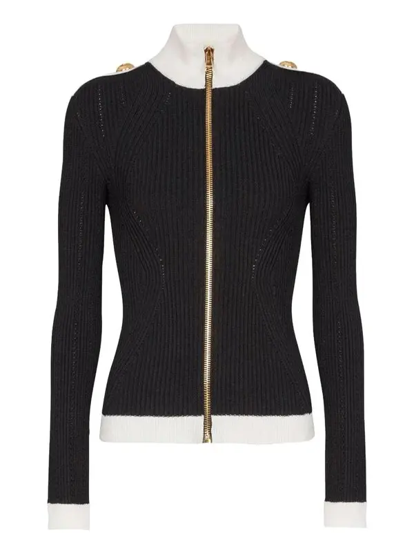 Balmain Zipped Turtleneck Knit Cardigan - Black