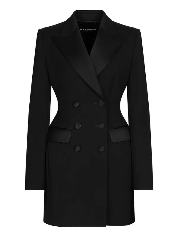 Dolce & Gabbana Long Double-breasted Stretch Wool Tuxedo Jacket - Black