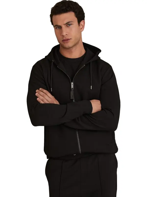 REISS Malvern Interlock Zip-through Hoodie - Black