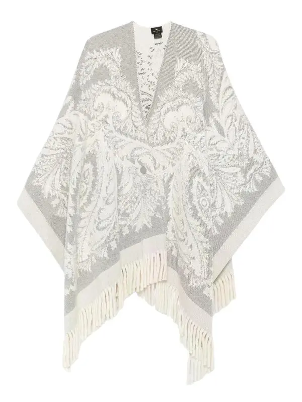 Etro Paisley Pattern Fringed Wool Poncho - White