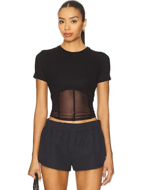 Michael Lauren Ember Rib Mesh Corset Tee - Black