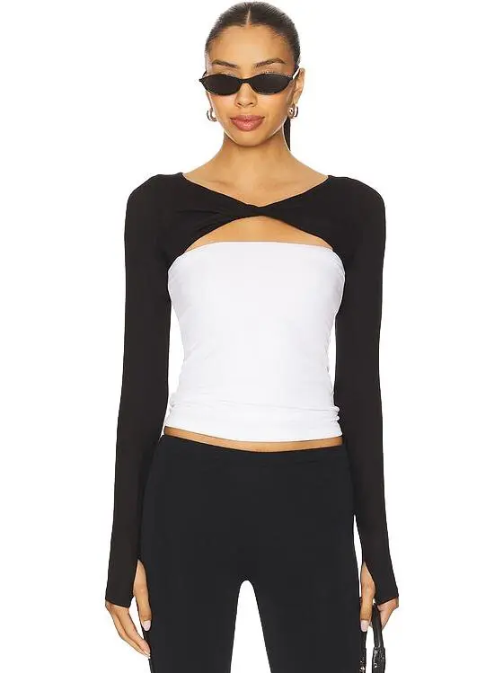 Michael Lauren Ace Long Sleeve Knotted Neck Top - White & Black