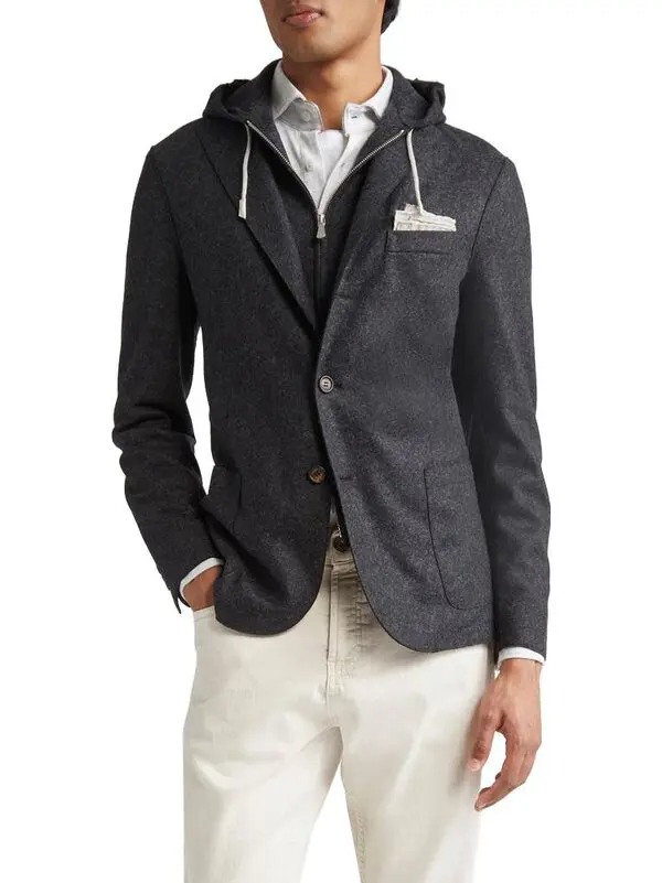 Eleventy Single-breasted Wool-blend Sport Coat With Removable Hooded Bib - 22n Carbon