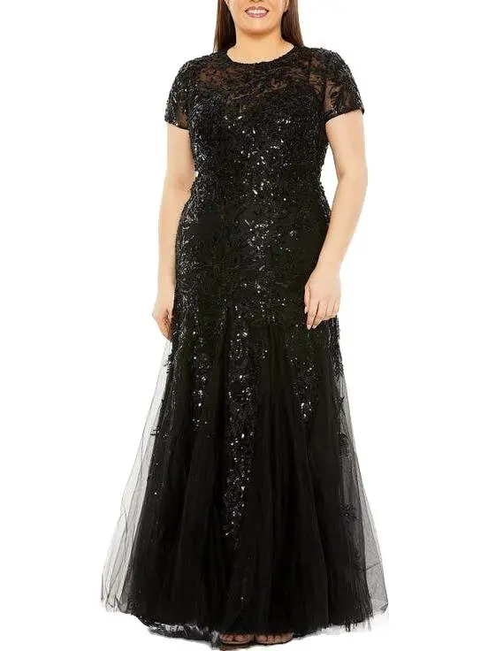 Mac Duggal Hand Embellished Mesh Overlay Applique Gown - Black