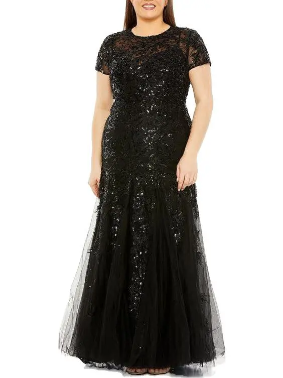 Mac Duggal Hand Embellished Mesh Overlay Applique Gown - Black