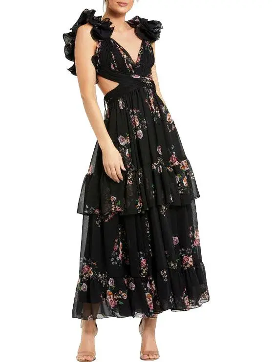 Mac Duggal Tiered Floral Chiffon Gown With Lace-up Back - Black Multi