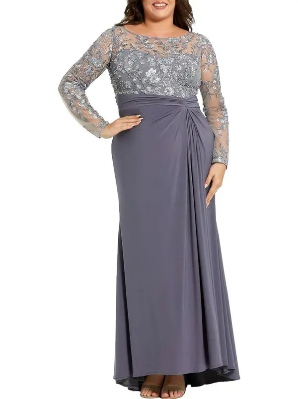 Mac Duggal Embroidered Bodice Jersey Skirt Gown - Charcoal