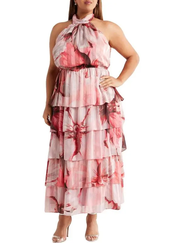 SOCIALITE Floral Print Halter Dress - Peach/ Brown