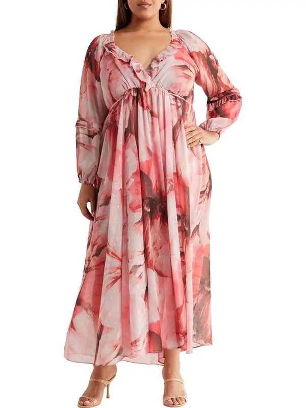 SOCIALITE Metallic Floral Print Maxi Dress - Grey/ Pink