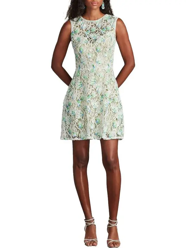 Tadashi Shoji Embroidered Lace Minidress - White/ Aloe Green