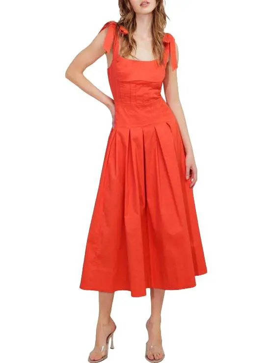 FREEMARKET Tie Strap Cotton Midi Dress - Coral Red