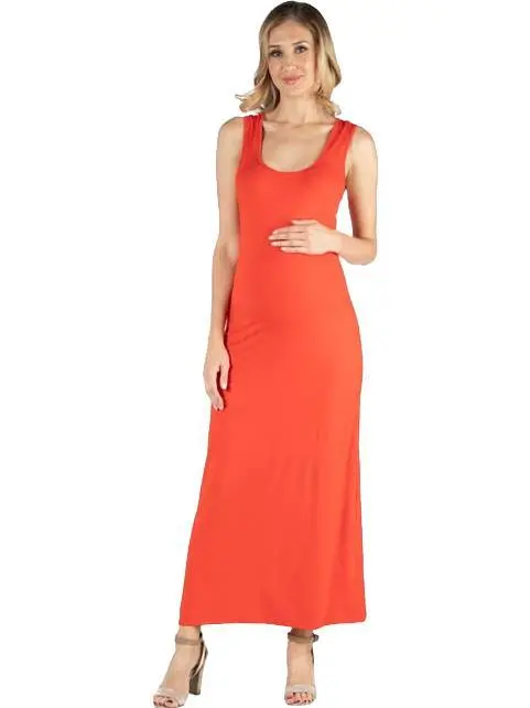 24SEVEN COMFORT APPAREL Maternity Scoop Neck Maxi Dress - Orange