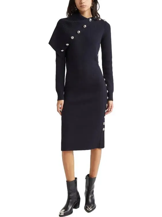 Rabanne Drape Shoulder Long Sleeve Merino Wool Sweater Dress - Navy