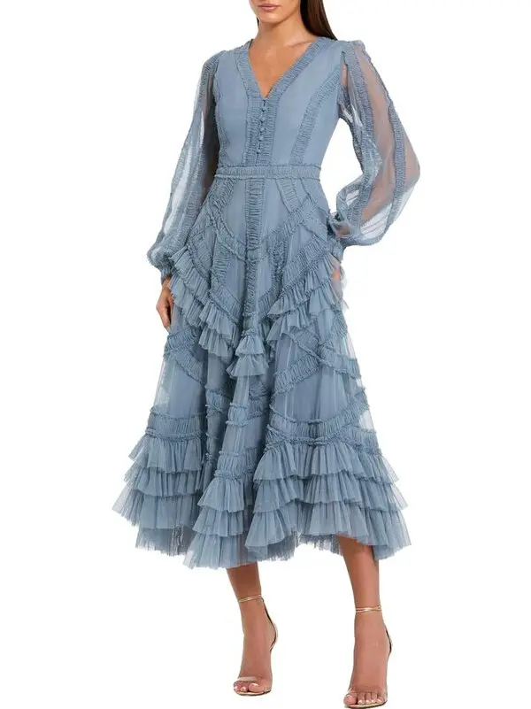 Mac Duggal Long Sleeve V-neck Ruffle Trim Midi Dress - Slate Blue