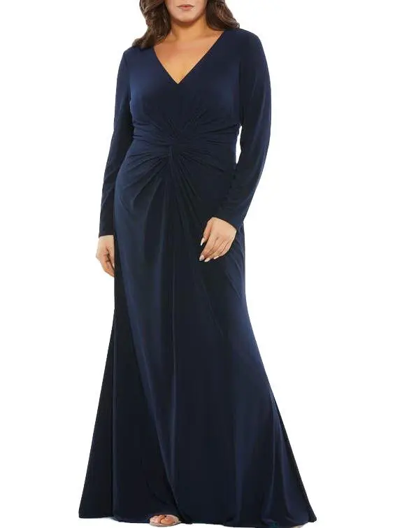 Mac Duggal Front Twist Long Sleeve V-neck Gown - Midnight