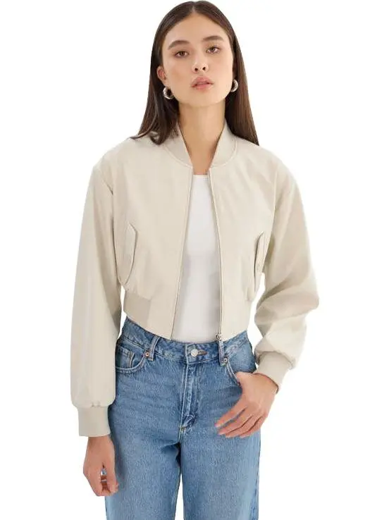 LAMARQUE Faux Leather Cropped Bomber Jacket - Bone