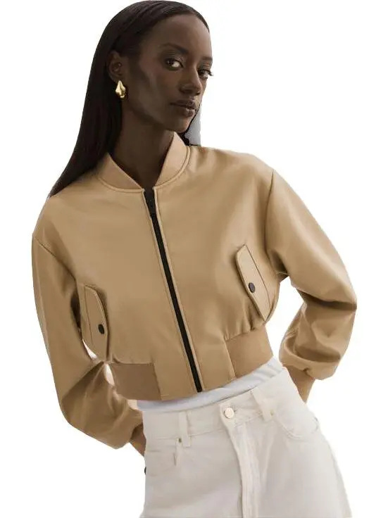 LAMARQUE Faux Leather Cropped Bomber Jacket - Wheat