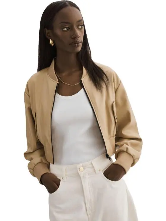 LAMARQUE Cropped Faux Leather Bomber Jacket - Wheat