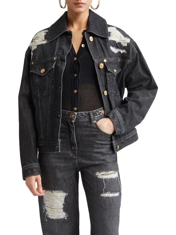 Versace Rip & Repair Denim Trucker Jacket - Black