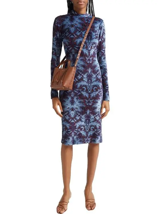 Etro Paisley Burnout Long Sleeve Jersey Dress - Multicolor Blue Base