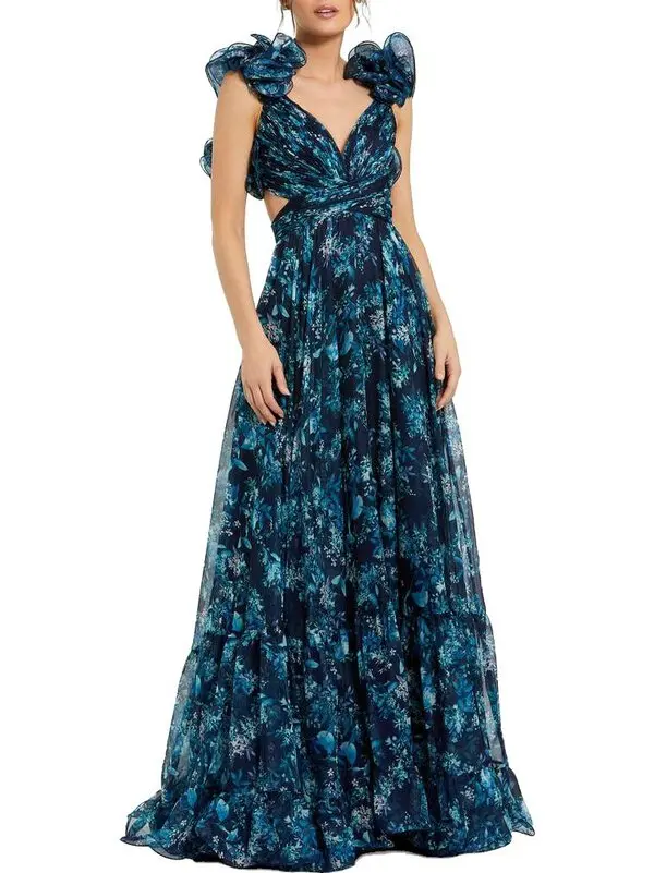 Mac Duggal Tiered Floral Chiffon Gown - Midnight Multi