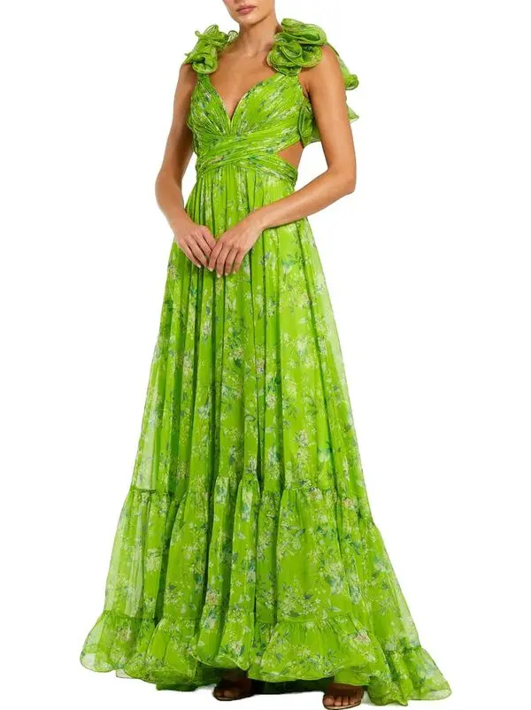 Mac Duggal Tiered Floral Chiffon Gown - Sage Multi