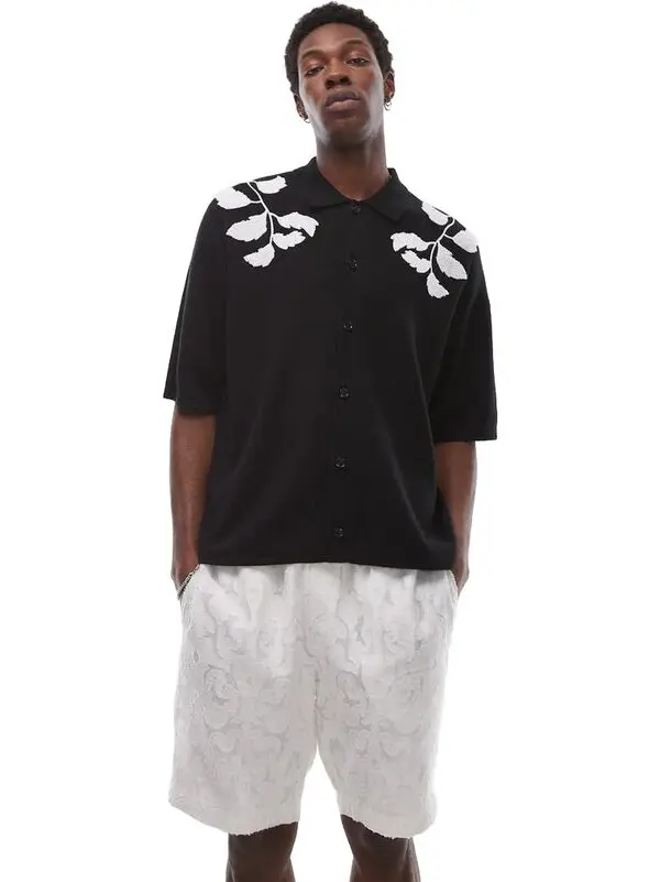 Topman Oversize Embroidered Knit Short Sleeve Button-up Shirt - Black