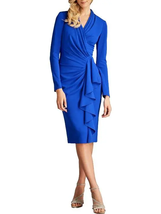 Tadashi Shoji Ruffle Side Drape Long Sleeve Cocktail Dress - Mystic Blue