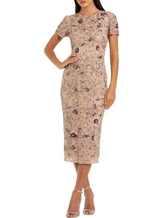 Mac Duggal Floral Embellished Midi Dress - Mocha