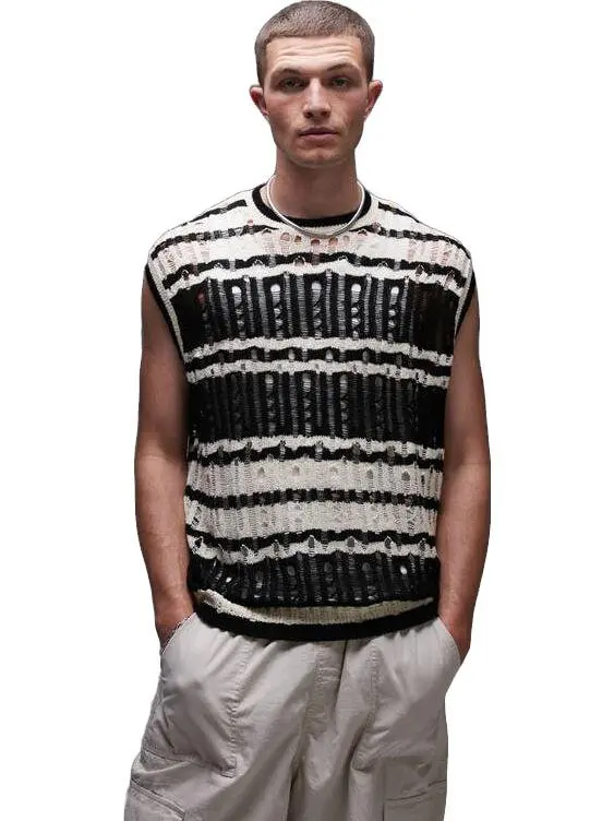 Topman Distressed Striped Crewneck Sweater Vest - Black Multi
