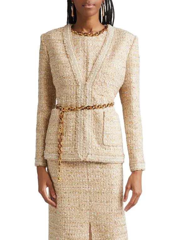 St. John Tweed Jacket With Chain Belt - Flax Willow/ Ivory Multi