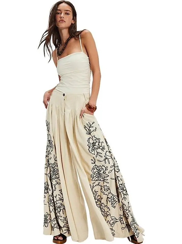 Free People Embroidered Wide-leg Trousers - Sand